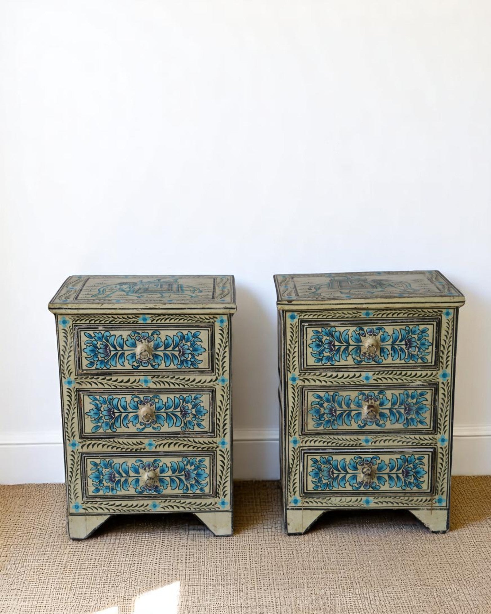 Pair of Hand-Painted Mango Wood Bedside Tables – Blue Elephant Design – Kirei Home Ltd