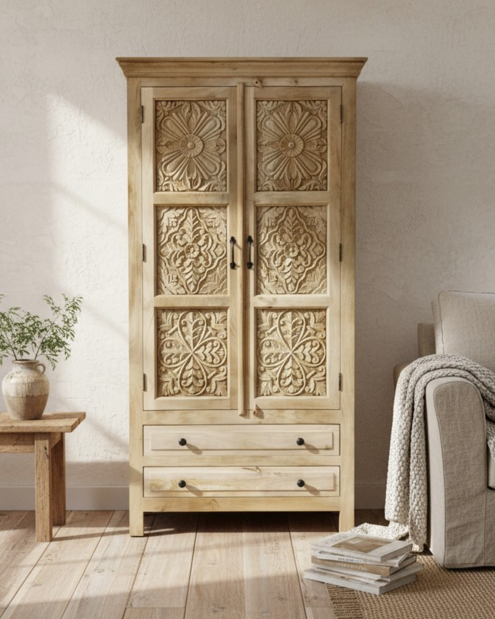 Hand-Carved Mango Wood Trunk – Tree of Life & Whitewashed Finish ...