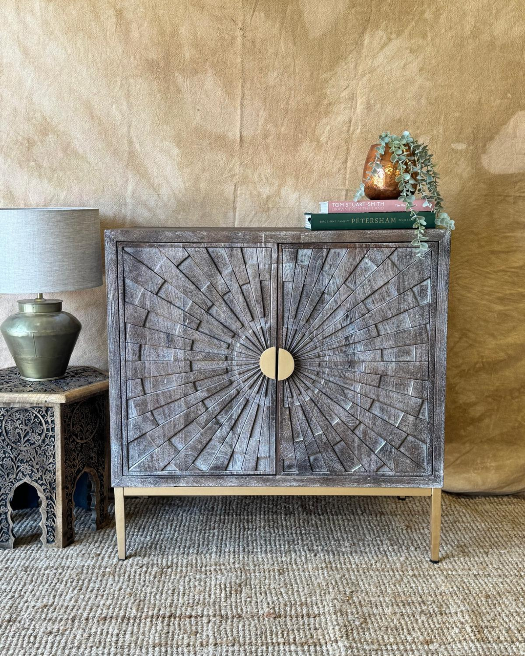 Mango Wood Sunburst Cabinet – Hand-Carved, Mink Finish with Gold ...