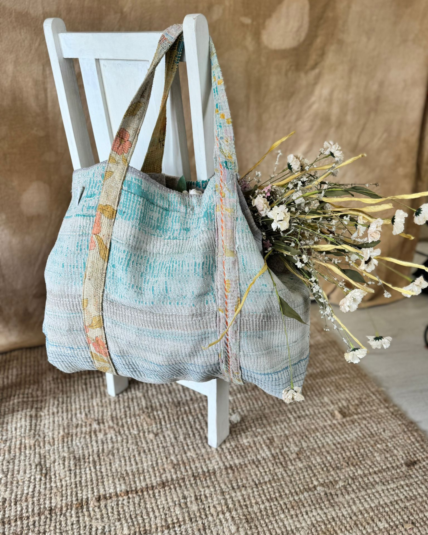 Handmade Upcycled Sari Tote Bag – Pale Aqua & Neutral | Everyday & Beach Bag – Kirei Home Ltd