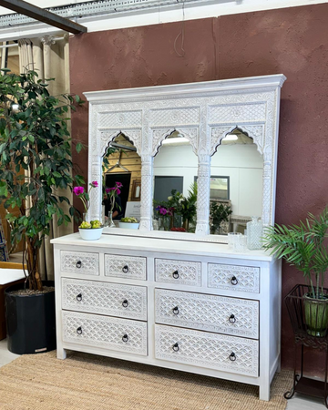 Hand-Carved Mango Wood Arch Mirror – Petal & Leaf Design – Kirei Home Ltd