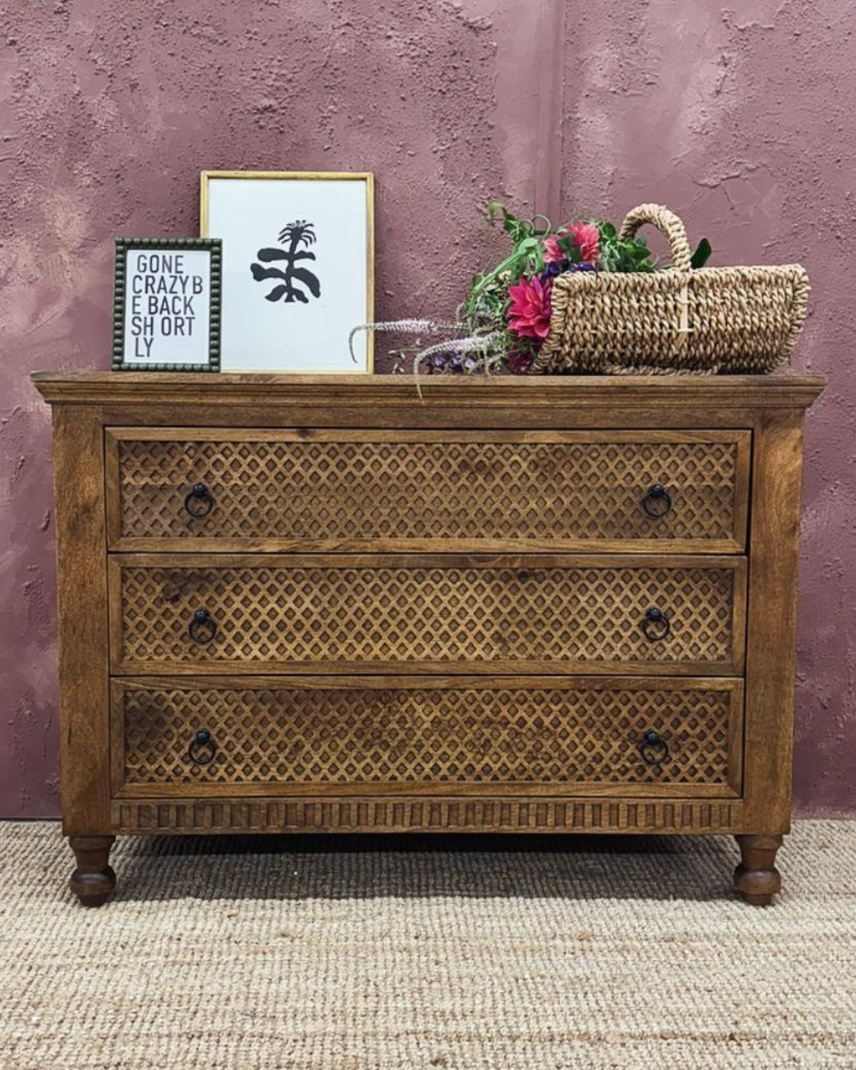 Hand-Carved Mango Wood 3 Drawer Chest – Patterned Fronts – Kirei Home Ltd