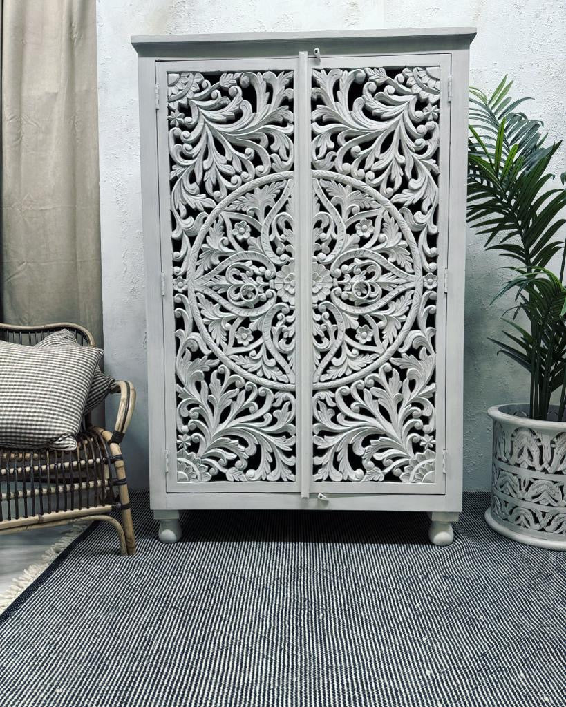 Hand-Carved Mango Wood Wardrobe – Whitewashed Finish | Kirei Home ...